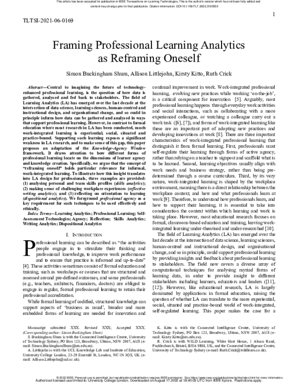 (PDF) Framing Professional Learning Analytics as Reframing Oneself