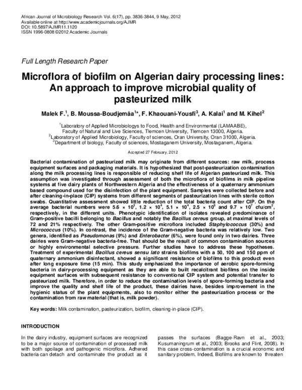 (PDF) Microflora of biofilm on Algerian dairy processing lines: An ...