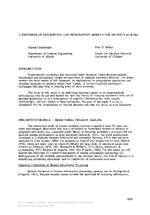 (PDF) A Synthesis of Descriptive and Prescriptive Models for Decision Making