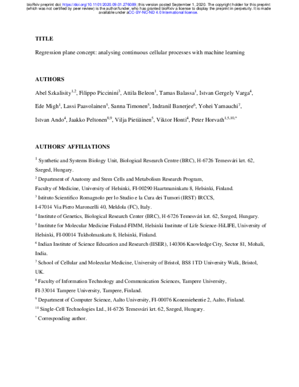 Pdf Regression Plane Concept Analysing Continuous Cellular Processes With Machine Learning