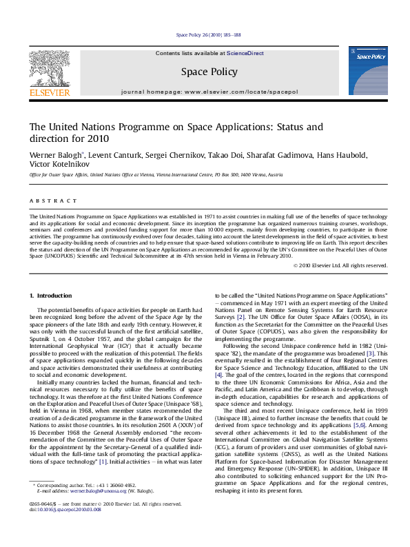 (PDF) The United Nations Programme on Space Applications: Status and ...