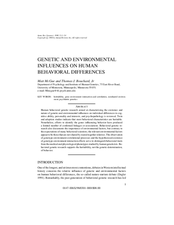 (PDF) Genetic and Environmental Influences on Human Behavioral Differences