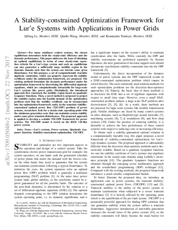 (PDF) A Stability-constrained Optimization Framework for Lur'e Systems and Application in Power ...