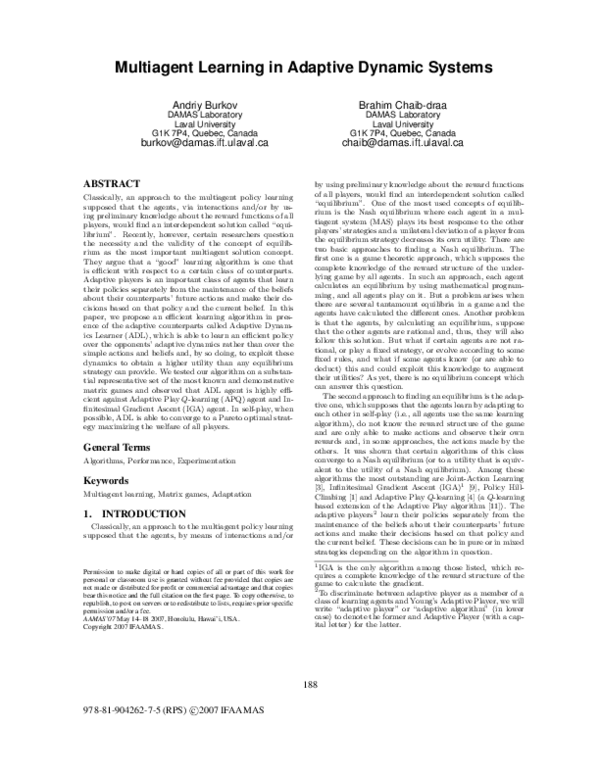 (PDF) Multiagent learning in adaptive dynamic systems