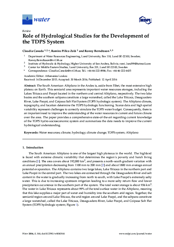 (PDF) Hydrological Insights for the TDPS System in the Altiplano