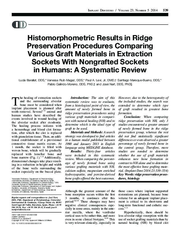 (PDF) Histomorphometric Results in Ridge Preservation Procedures Comparing Various Graft ...