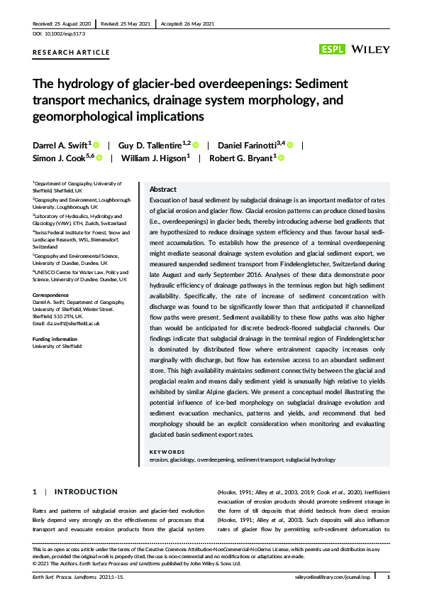 (PDF) The hydrology of glacier‐bed overdeepenings: Sediment transport ...