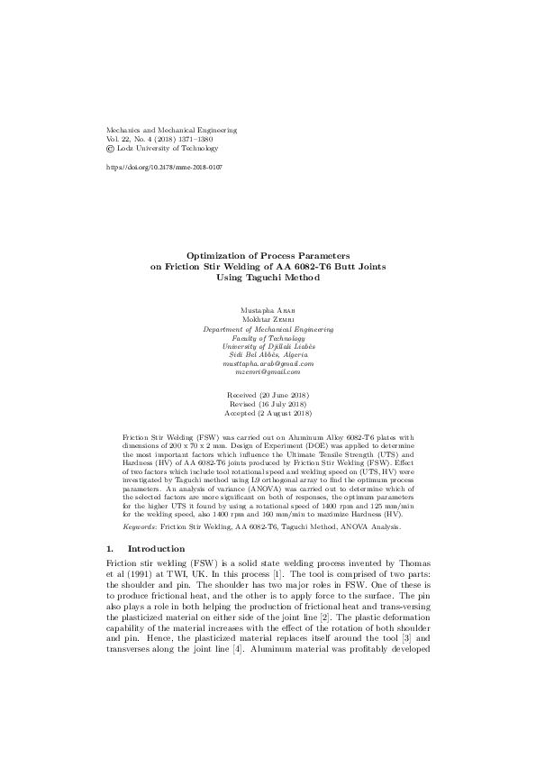 (PDF) Optimization of Process Parameters on Friction Stir Welding of AA 6082-T6 Butt Joints ...