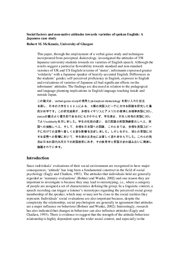 (PDF) Social factors and non‐native attitudes towards varieties of ...