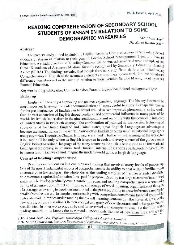 (PDF) READING COMPREHENSION OF SECONDARY SCHOOL STUDENTS OF ASSAM IN RELATION TO SOME ...