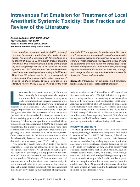 (PDF) Intravenous Fat Emulsion for Treatment of Local Anesthetic ...