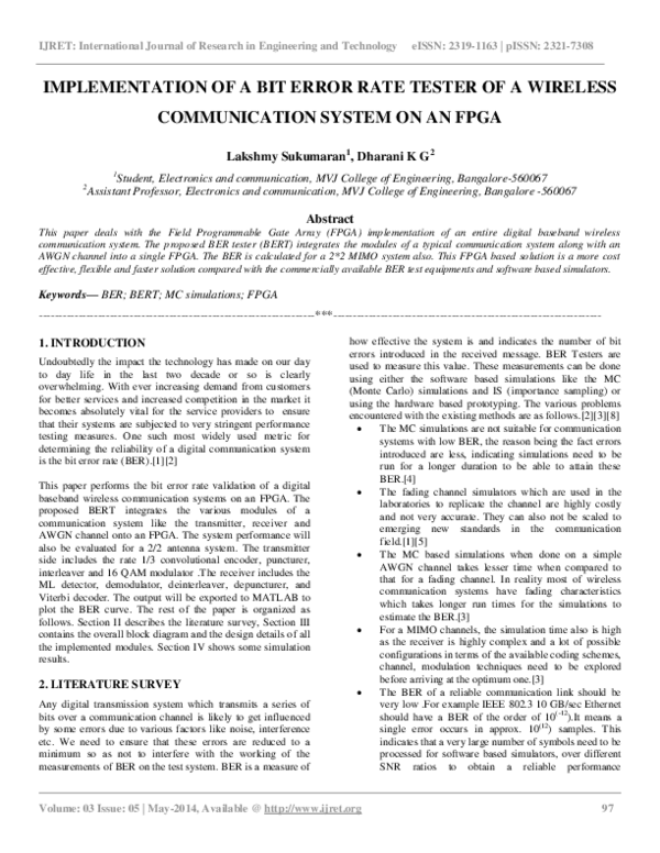 Pdf Implementation Of A Bit Error Rate Tester Of A Wireless Communication System On An Fpga