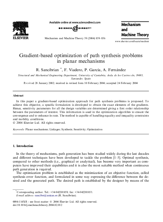 (PDF) Gradient-based optimization of path synthesis problems in planar mechanisms