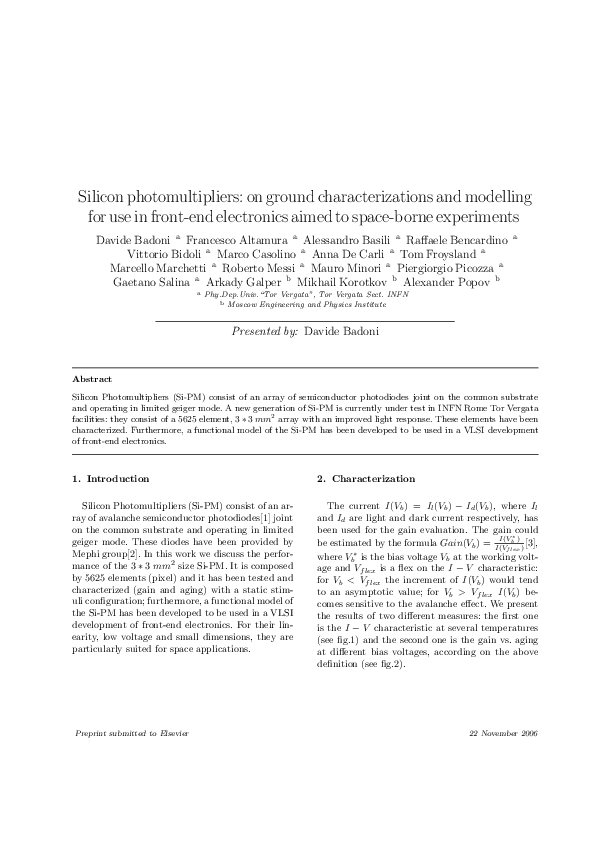 (PDF) Silicon photomultipliers: On ground characterizations and modelling for use in front-end ...