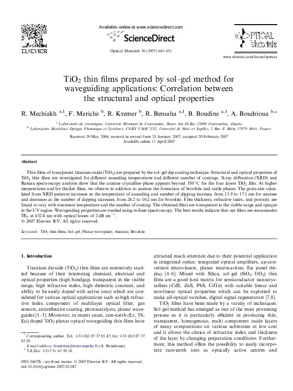 (PDF) TiO2 thin films prepared by sol–gel method for waveguiding applications: Correlation ...