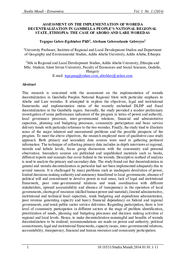 (PDF) Assessment on the implementation of woreda decentralization in ...