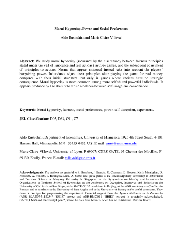 (PDF) Moral Hypocrisy, Power and Social Preferences