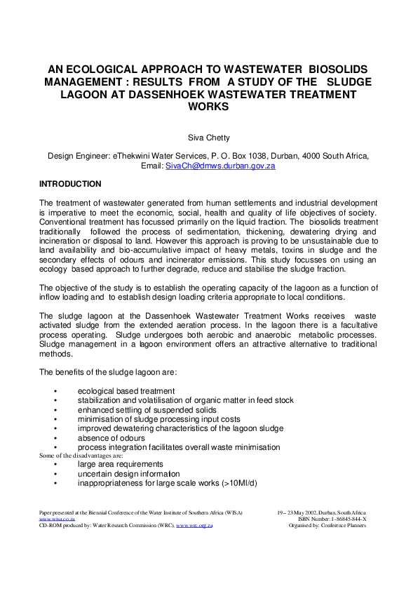 (PDF) An Ecological Approach to Wastewater Biosolids Management ...