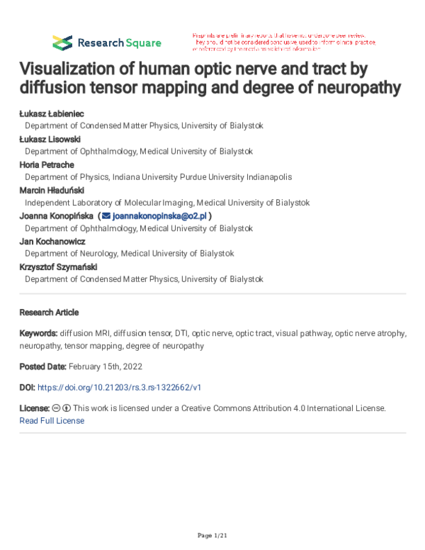 (PDF) Visualization of human optic nerve and tract by diffusion tensor ...