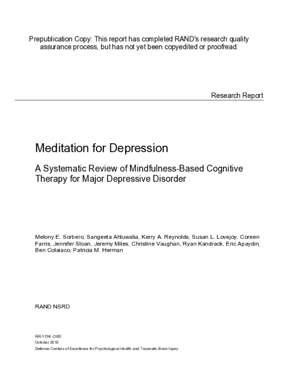 (PDF) Meditation for Depression: A Systematic Review of Mindfulness-Based Cognitive Therapy for ...