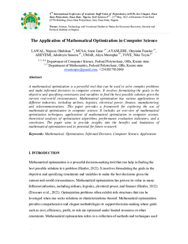 (PDF) The Application of Mathematical Optimization in Computer Science