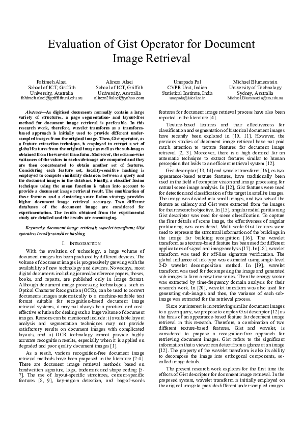 (PDF) Evaluation of Gist Operator for Document Image Retrieval | Alireza Alaei - Academia.edu