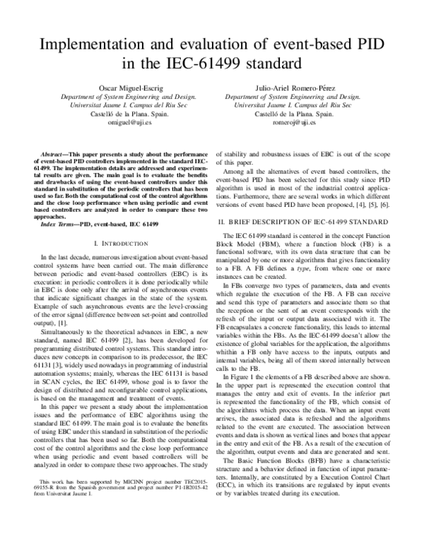 (PDF) Implementation and evaluation of event-based PID in the IEC-61499 standard