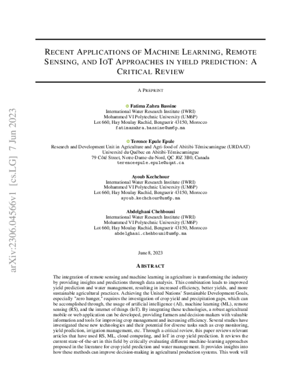 (PDF) Recent applications of machine learning, remote sensing, and iot approaches in yield ...