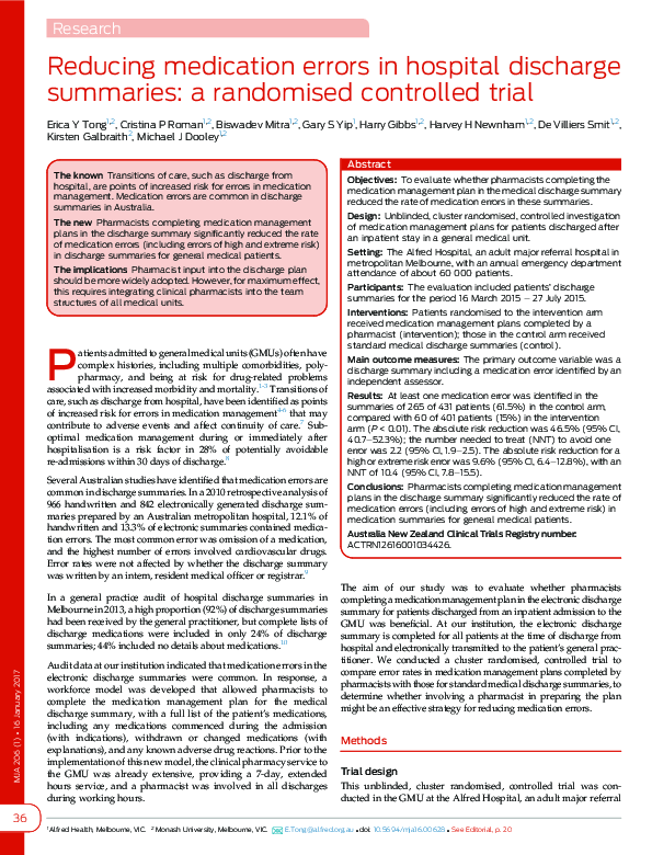 (PDF) Reducing medication errors in hospital discharge summaries: a randomised controlled trial