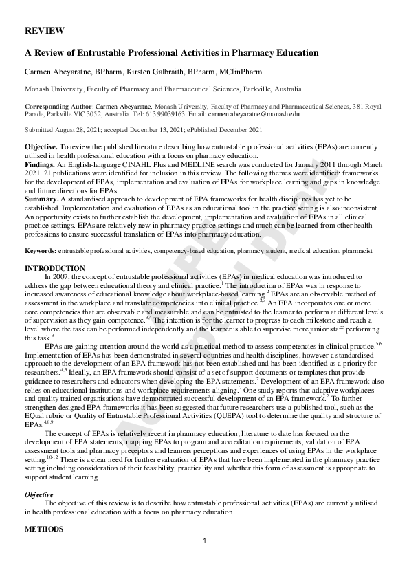 (PDF) A Review of Entrustable Professional Activities in Pharmacy Education