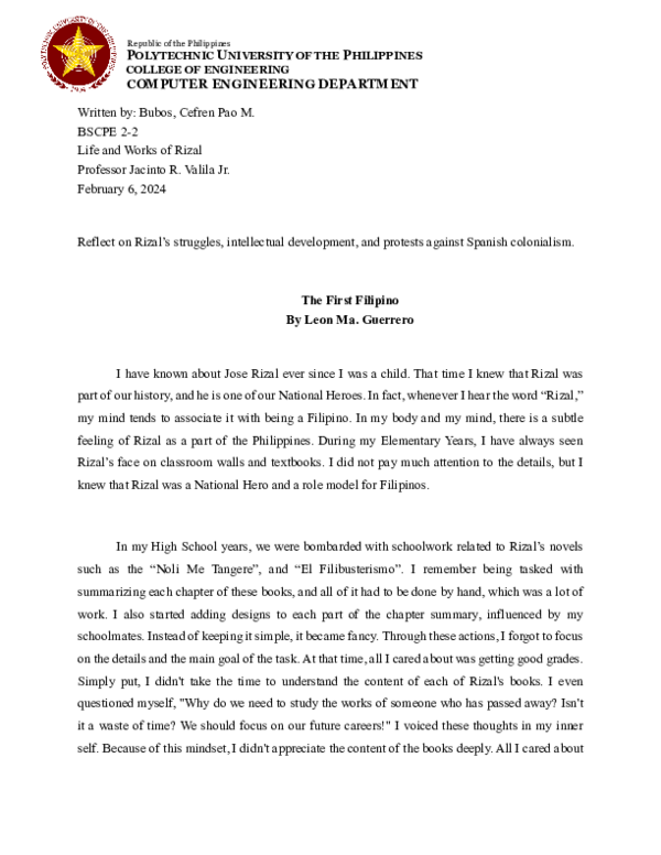 (PDF) Reflection on "The First Filipino" by Leon Ma. Guererro