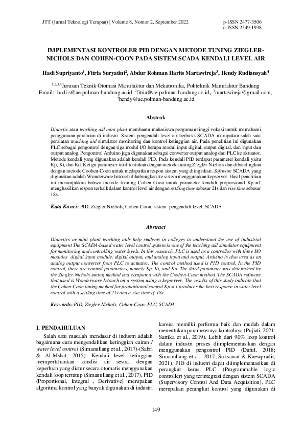 (PDF) Implementasi Kontroler Pid Dengan Metode Tuning Ziegler-Nichols Dan Cohen-Coon Pada Sistem ...