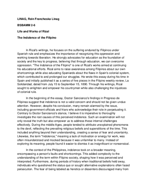 (PDF) The Indolence of the Filipinos LINAG