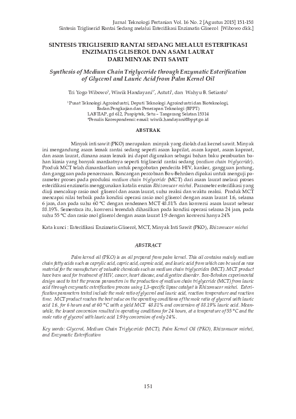 Sintesis Trigliserid Rantai Sedang Melalui Esterifikasi Enzimatis ...