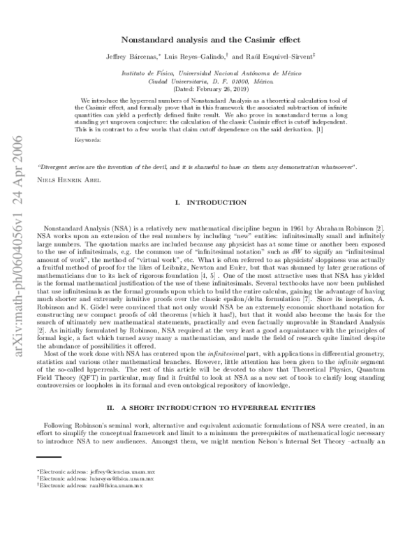 (PDF) Nonstandard analysis and the Casimir effect