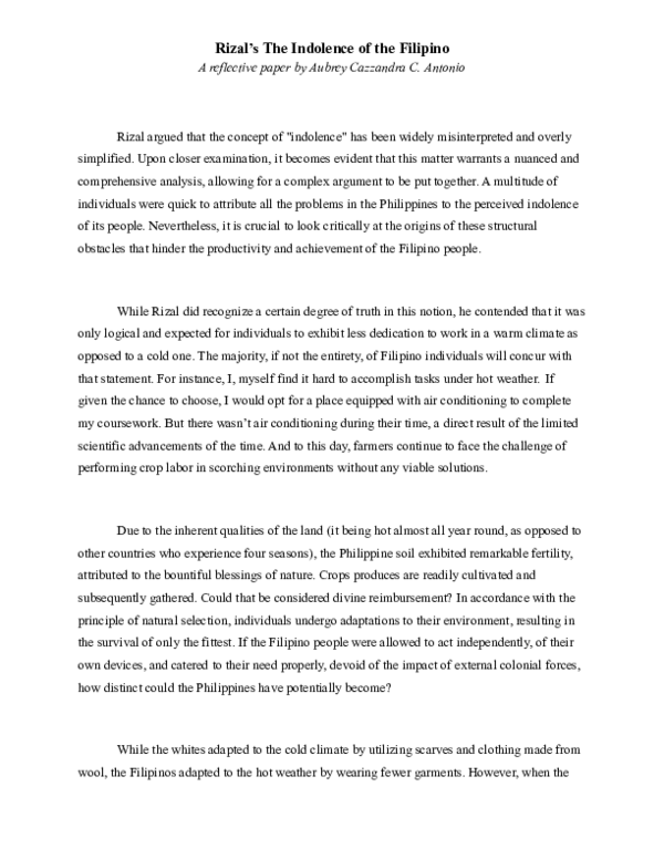 (PDF) The Indolence of the Filipino: A reflection paper