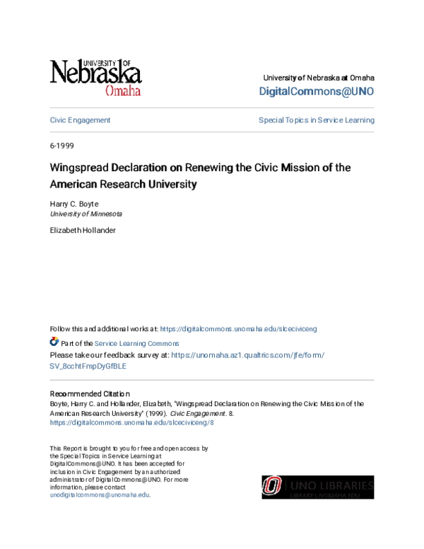 (PDF) Wingspread Declaration on Renewing the Civic Mission of the ...