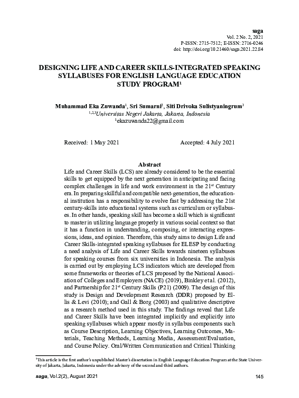 Designing Life and Career Skills-Integrated Speaking Syllabuses for English Language Education ...