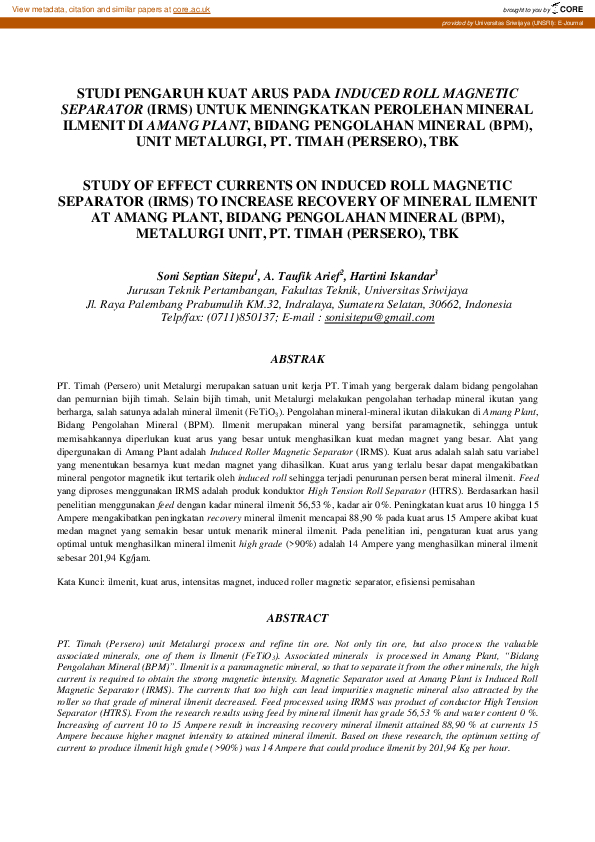 (PDF) Studi Pengaruh Kuat Arus Pada Induced Roll Magnetic Separator ...