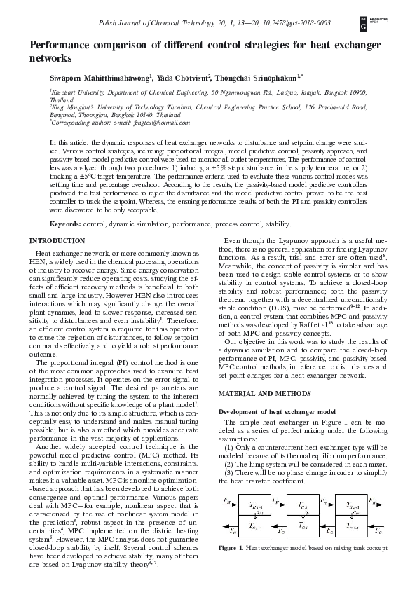 (PDF) Performance comparison of different control strategies for heat exchanger networks