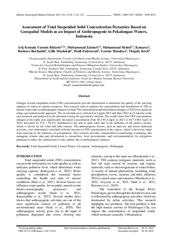 Pdf Assessment Of Total Suspended Solid Concentration Dynamics Based On Geospatial Models As