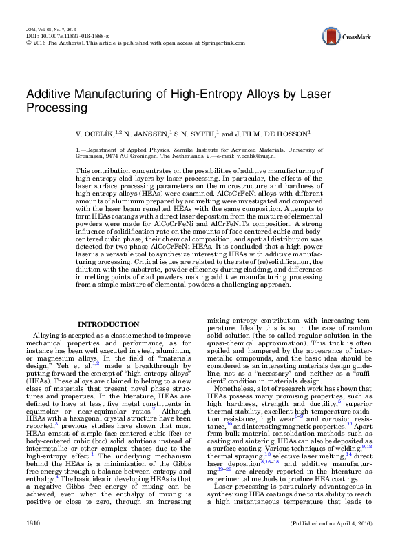 (PDF) Additive Manufacturing of High-Entropy Alloys by Laser Processing