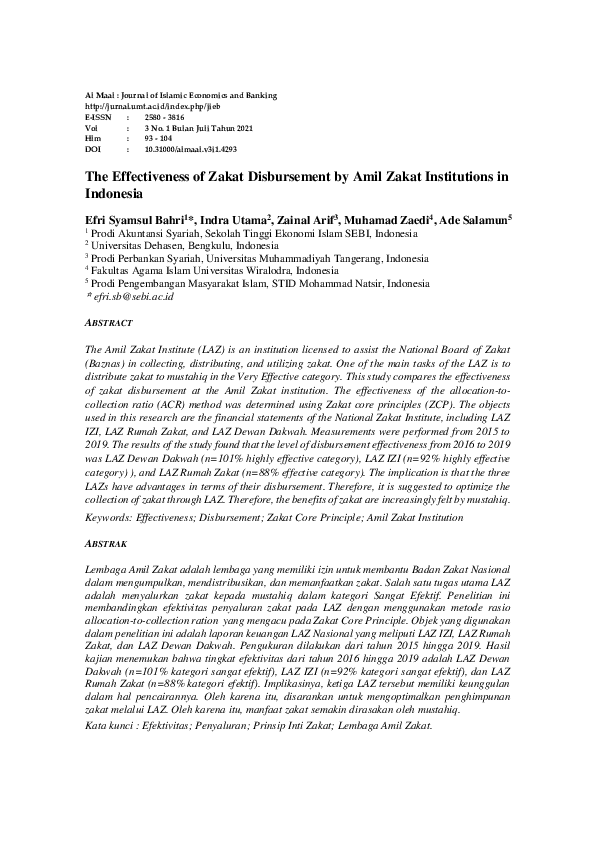 (PDF) The Effectiveness of Zakat Disbursement by Amil Zakat Institutions in Indonesia