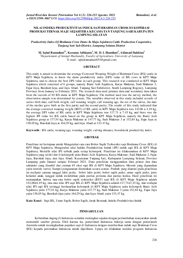 (PDF) Nilai Indeks Produktivitas Induk Sapi Brahman Cross DI Koperasi ...
