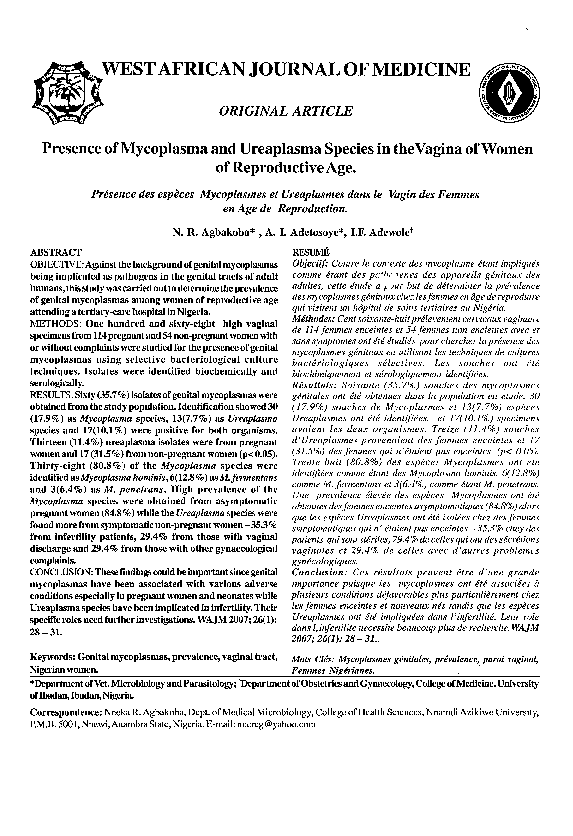 (PDF) Presence of mycoplasma and ureaplasma species in the vagina of women of reproductive age