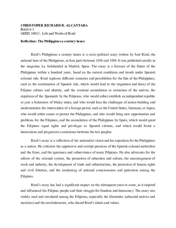 (PDF) Reflection: The Philippines a Century Hence