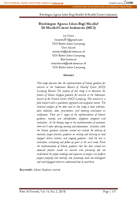 (PDF) Bimbingan Agama Islam Bagi Muallaf Di Muallaf Center Indonesia (MCI)