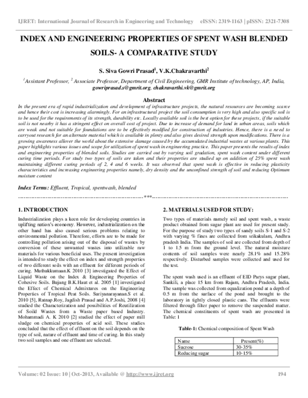 (PDF) Index and Engineering Properties of Spent Wash Blended Soils- a ...