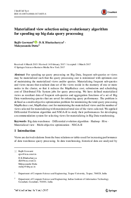 (PDF) Materialized view selection using evolutionary algorithm for speeding up big data query ...