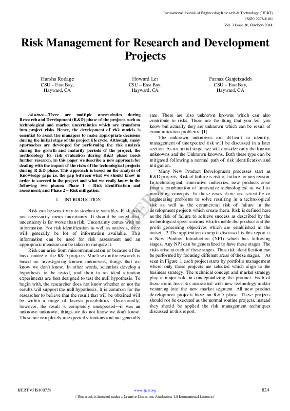 (PDF) Risk Management for Research and Development Projects